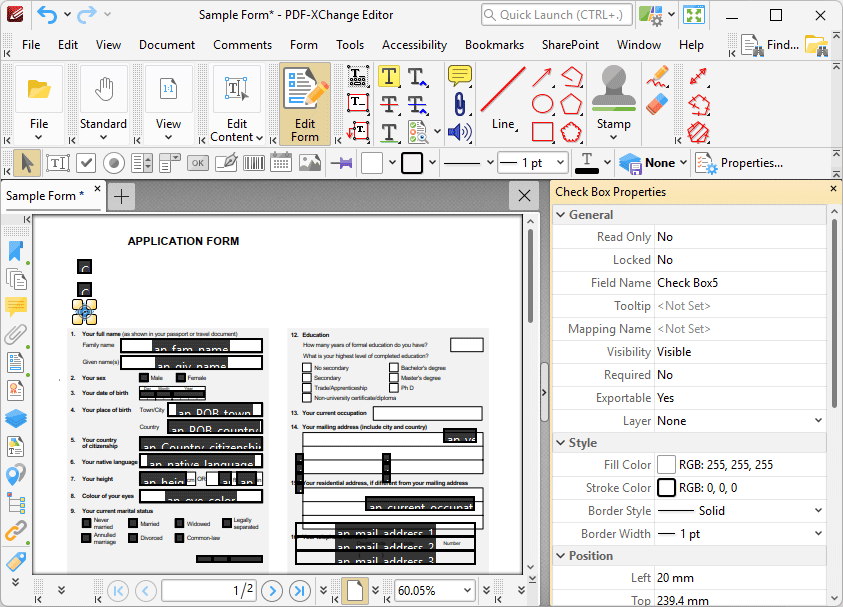 Tabs Guide > View > Toolbars > Form Toolbar > Add Check Boxes to Documents