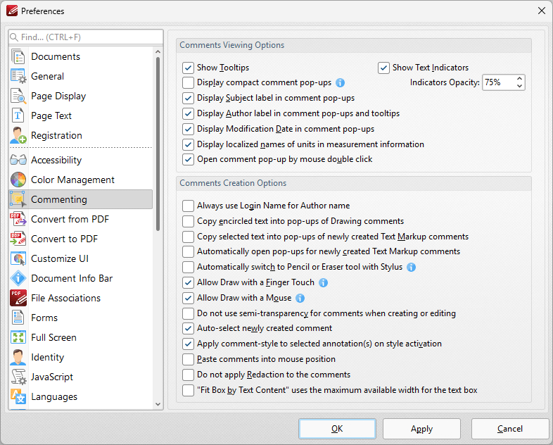 Tabs Guide > Edit > Preferences > Commenting