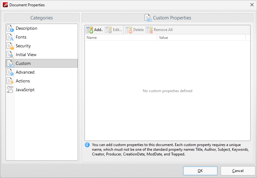 Tabs Guide > File > Document Properties