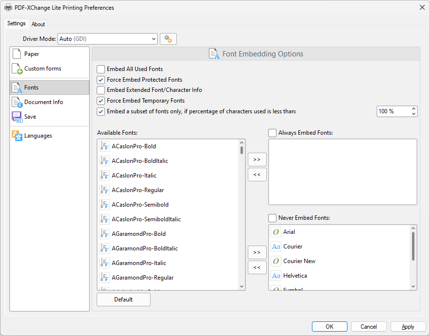 PDF-XChange Lite User Manual > PDF-XChange Printer Lite Settings > Fonts