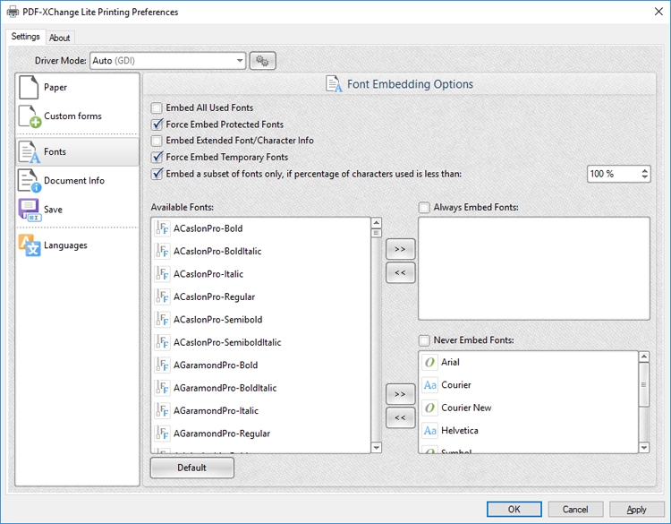 PDF-XChange Lite V7 User Manual > PDF-XChange Lite Printer Settings > Fonts