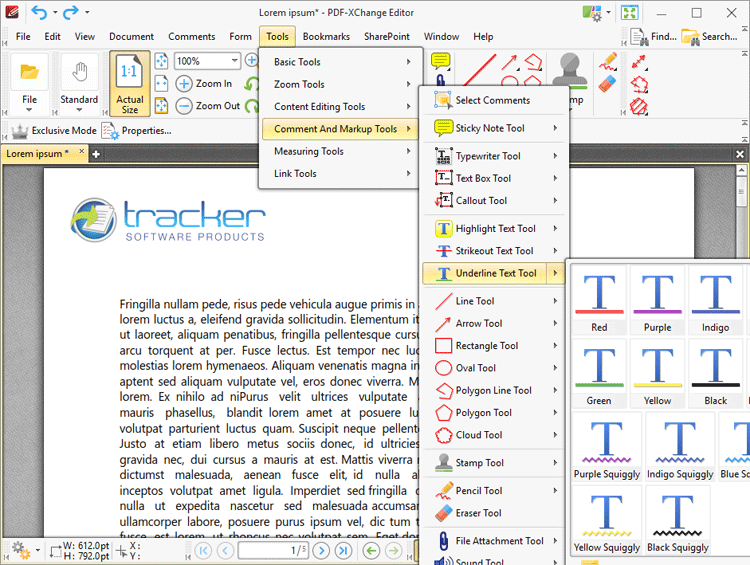Tabs Guide > Tools > Comment And Markup Tools > Underline Text Tool