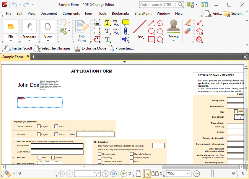 Tabs Guide > View > Toolbars > Form Toolbar > Add Digital Signature ...