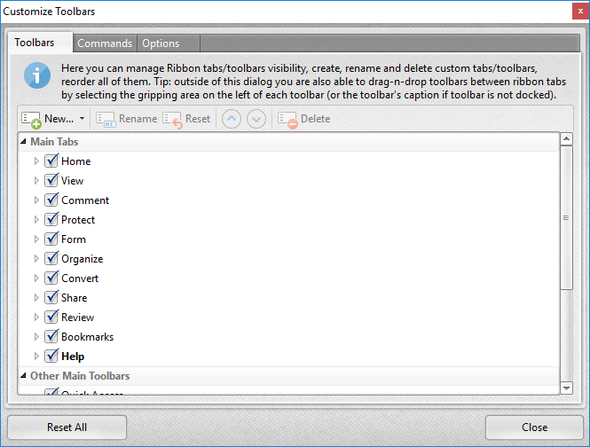 PDF-XChange Editor Plus V7 User Manual > Tabs Guide > Help Tab > Customize Toolbars