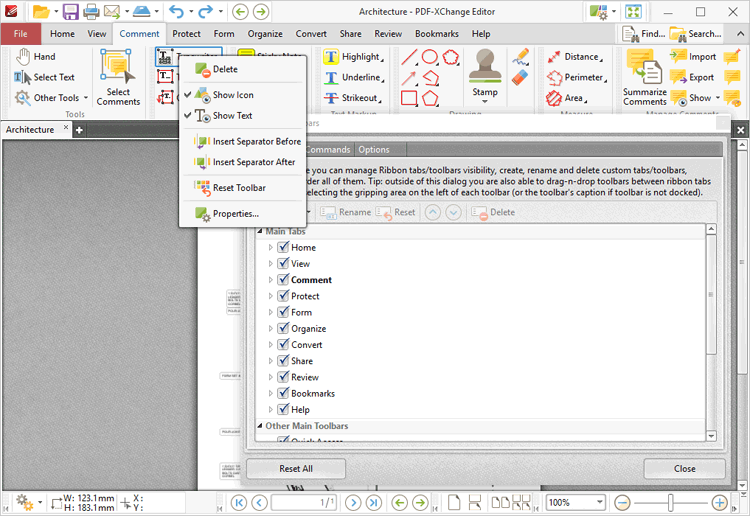 PDF-XChange Editor Plus V7 User Manual > Tabs Guide > Help Tab > Customize Toolbars