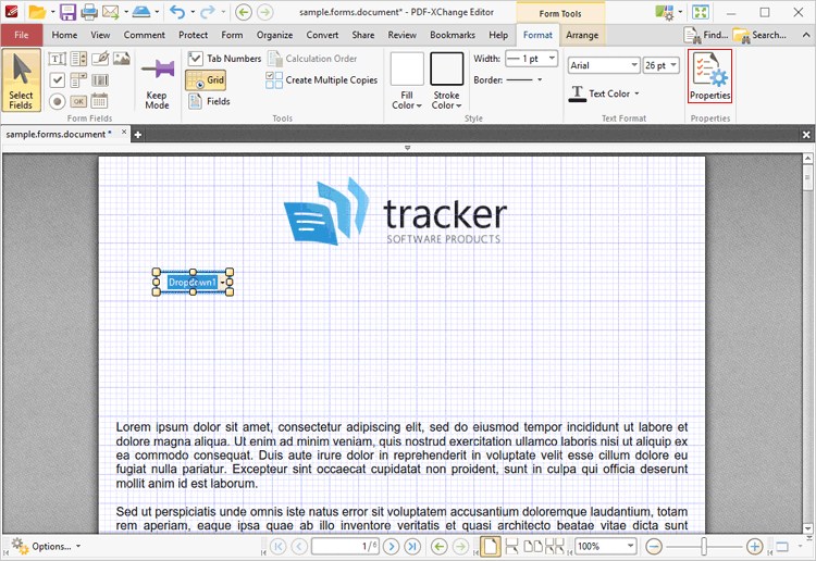 PDF-XChange Editor Plus V7 User Manual > Tabs Guide > Form Tab > Add Dropdown Menus to Documents