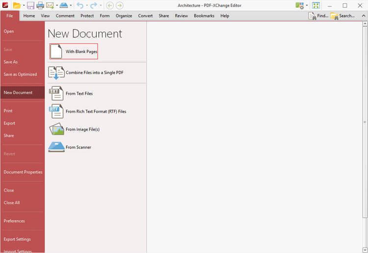 PDF-XChange Editor Plus V7 User Manual > Tabs Guide > File Tab > New Document > With Blank Pages
