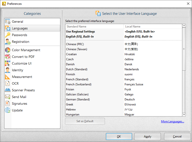 PDF-Tools V8 User Manual > Appendix > Preferences > Languages