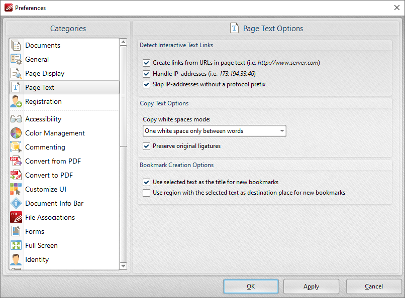 PDF-XChange Editor Plus V8 User Manual > Tabs Guide > File Tab > Preferences > Page Text