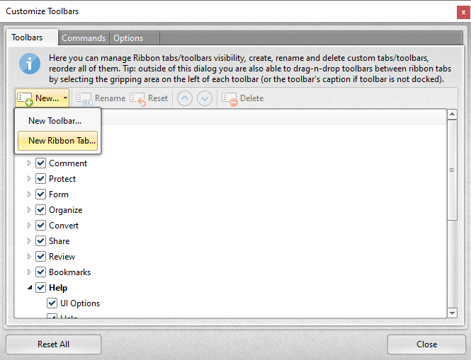 PDF-XChange Editor V8 User Manual > Tabs Guide > Help Tab > Customize ...