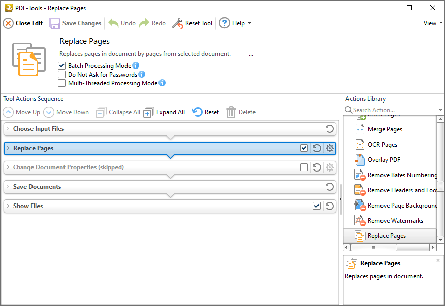 Default Tools > Pages Tools > Replace Pages