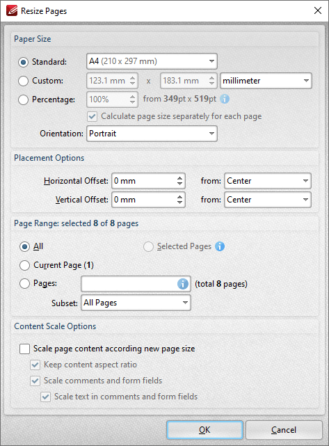 PDF-XChange Editor V8 User Manual > Tabs Guide > Organize Tab > Resize